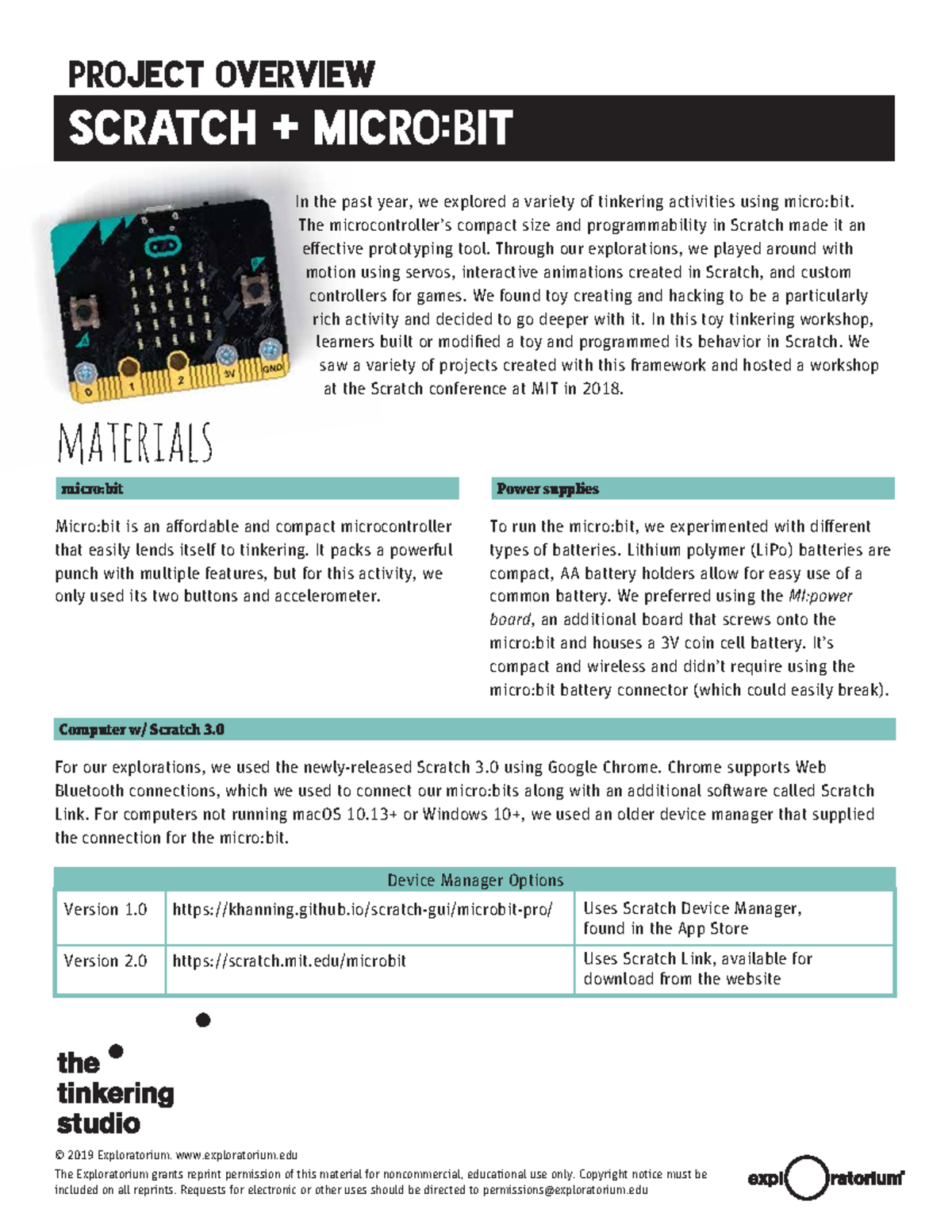 Scratch microbit projects - SCRATCH + MICRO:BIT PROJECT OVERVIEW materials micro:bit © 2019 ...