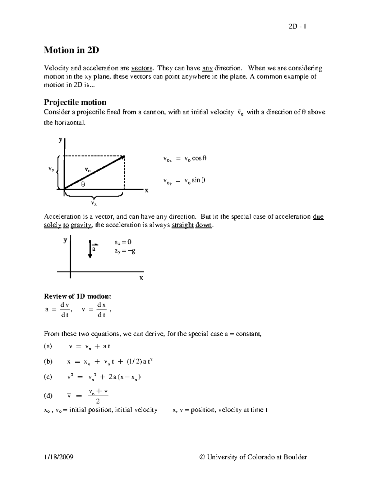 Motion in 2D Notes - Motion in 2D Velocity and acceleration are vectors ...