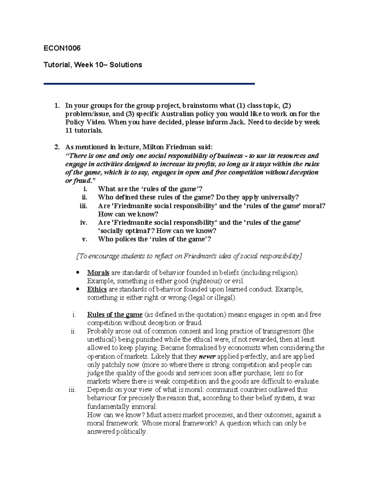 ECON1006 - 2024s1 - Tutorial 10 - Solutions-1 - ECON Tutorial, Week 10 ...
