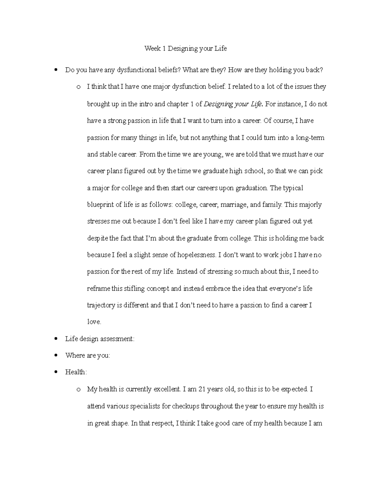 Designing your life: chapter 1 activity - Week 1 Designing your Life Do ...