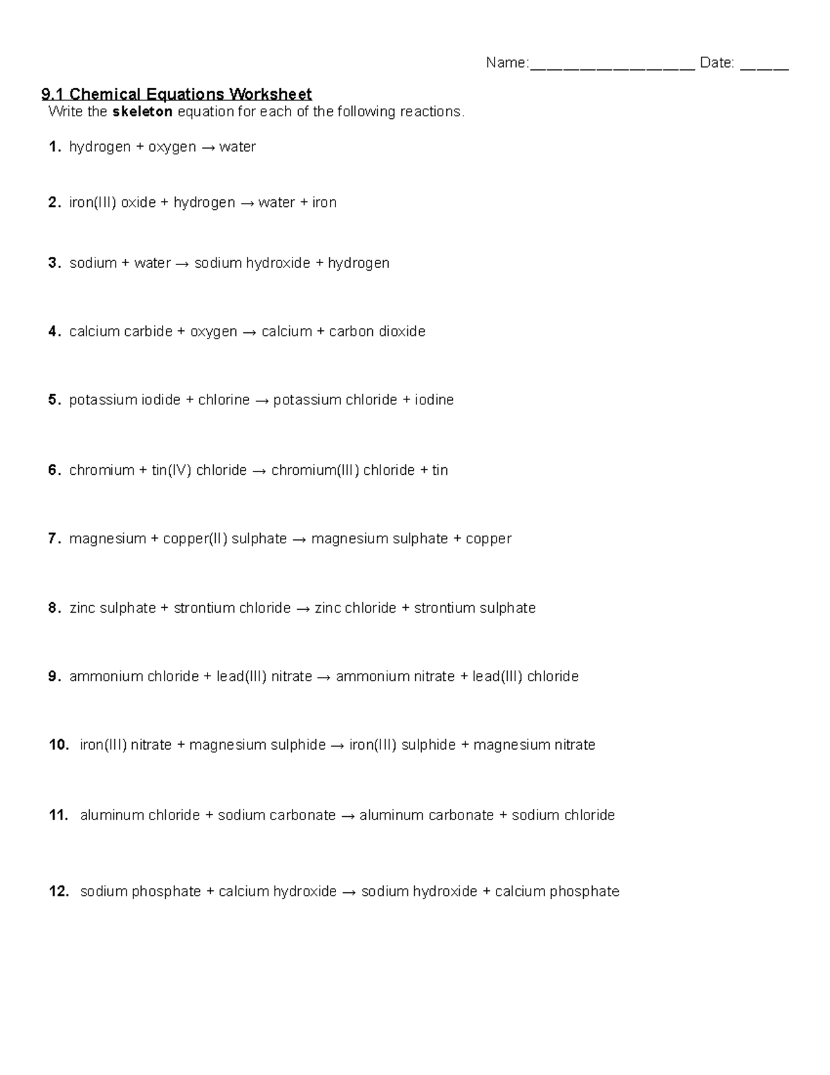 9 1 Chemical Equations 9 Chemical Equations Worksheet Write The
