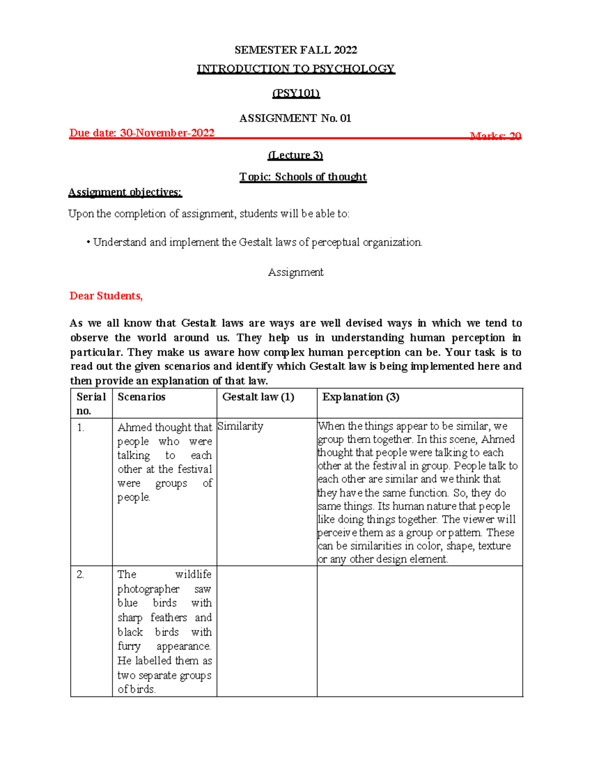 Assigment psychology - SEMESTER FALL 2022 INTRODUCTION TO PSYCHOLOGY (PSY101) ASSIGNMENT No. 01 ...