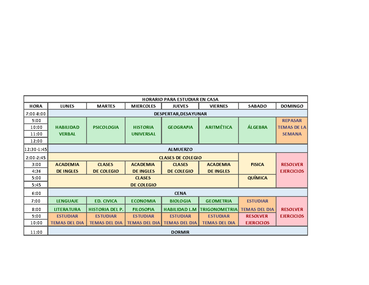 Horario Academico - HORARIO PARA ESTUDIAR EN CASA HORA LUNES MARTES ...