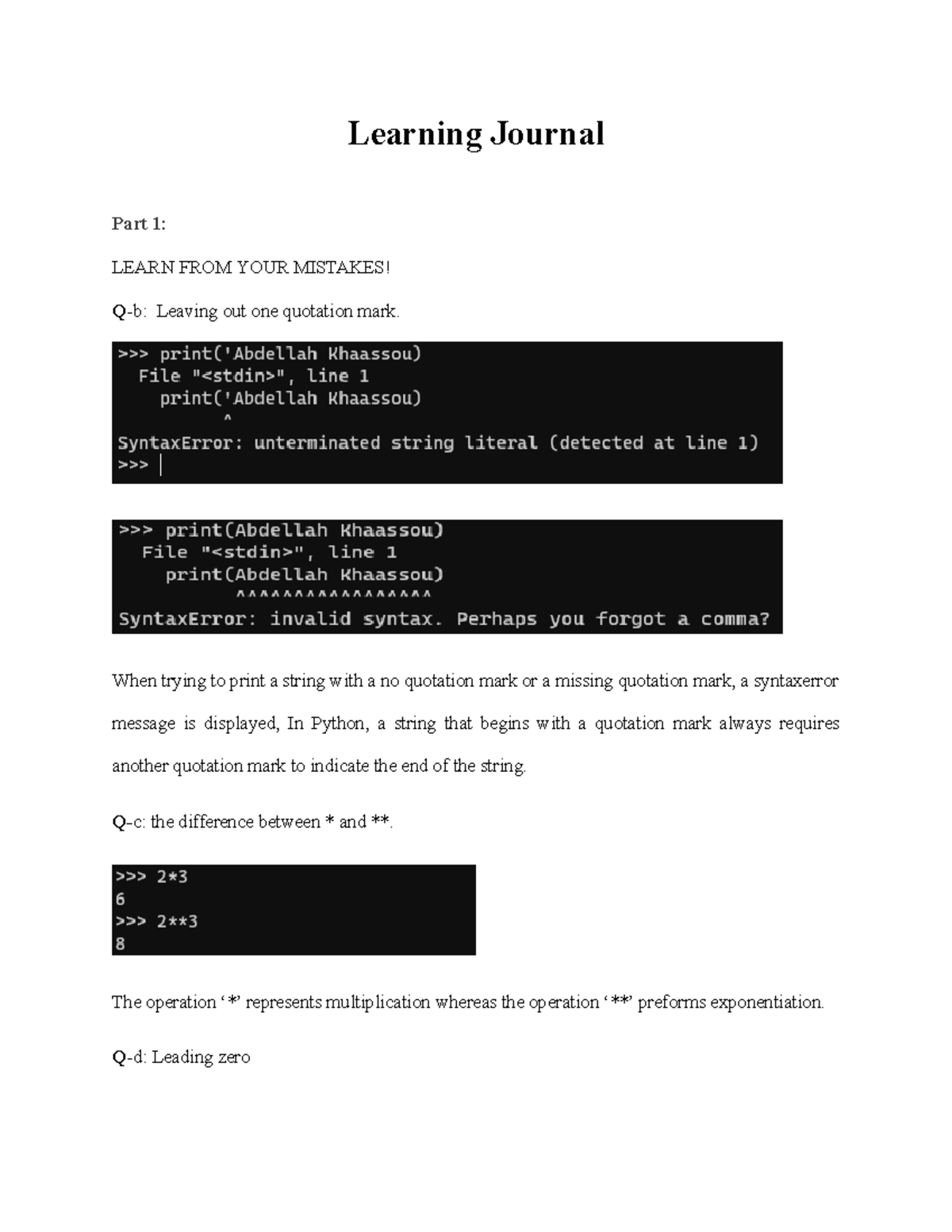 Learning Journal - Writting assignment - math - Learning Journal Part 1: LEARN FROM YOUR ...