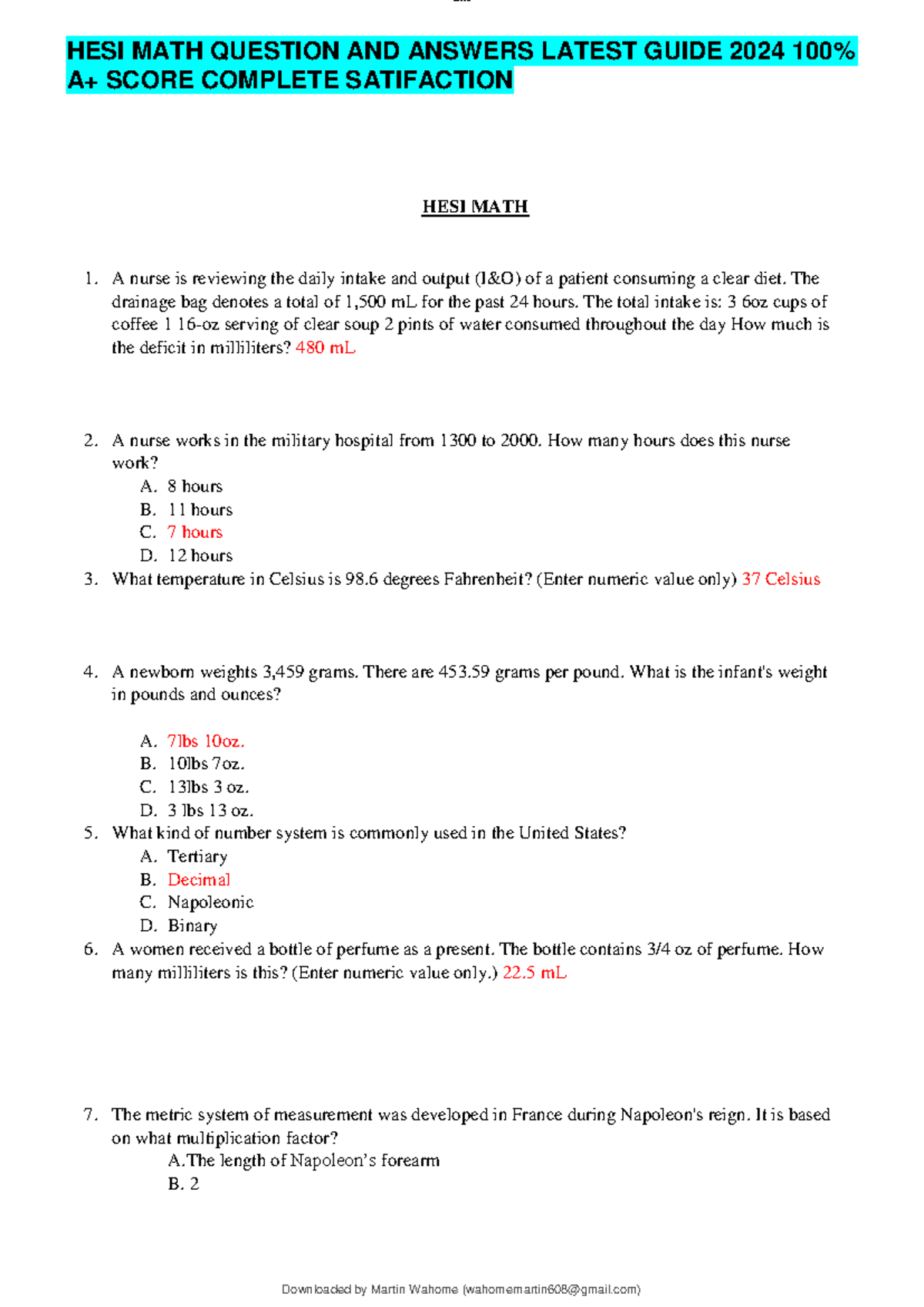 HESI MATH Question AND Answers Latest Guide 2024 100% A+ Score Complete ...