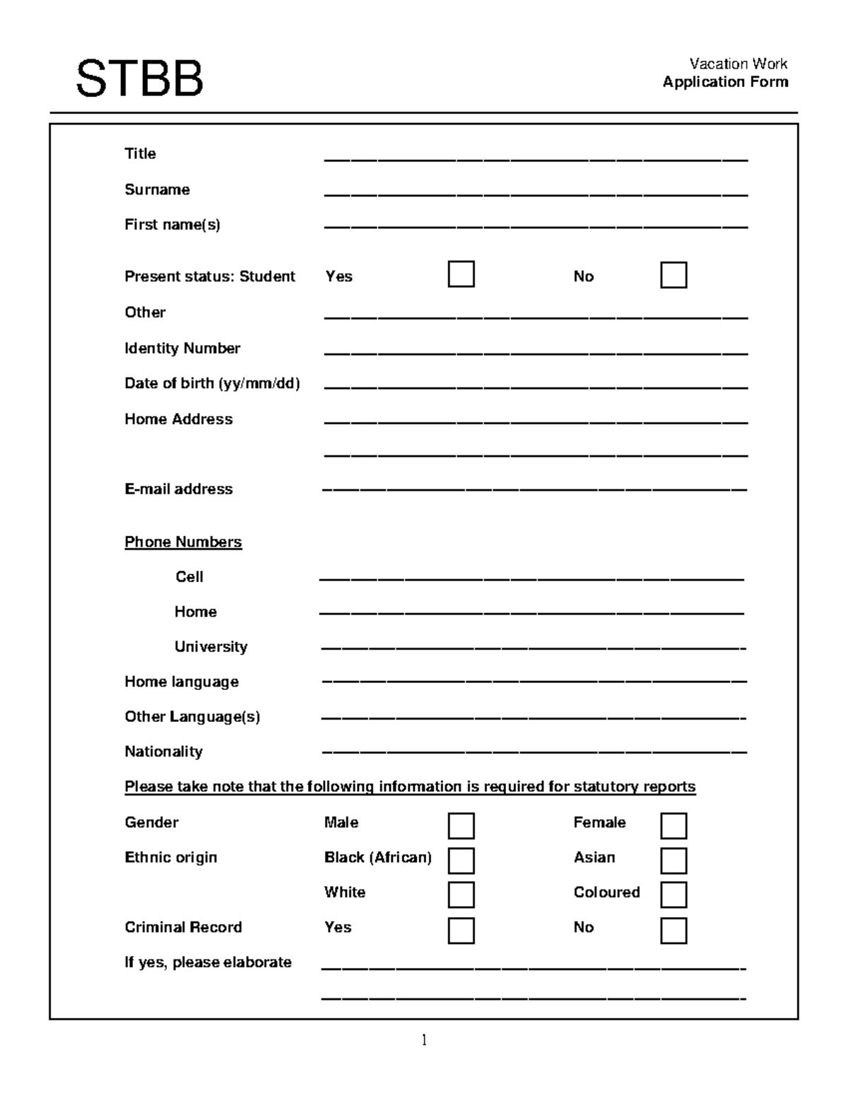 STBB Vacation Work Application 2022 - STBB 1 Vacation Work Application ...