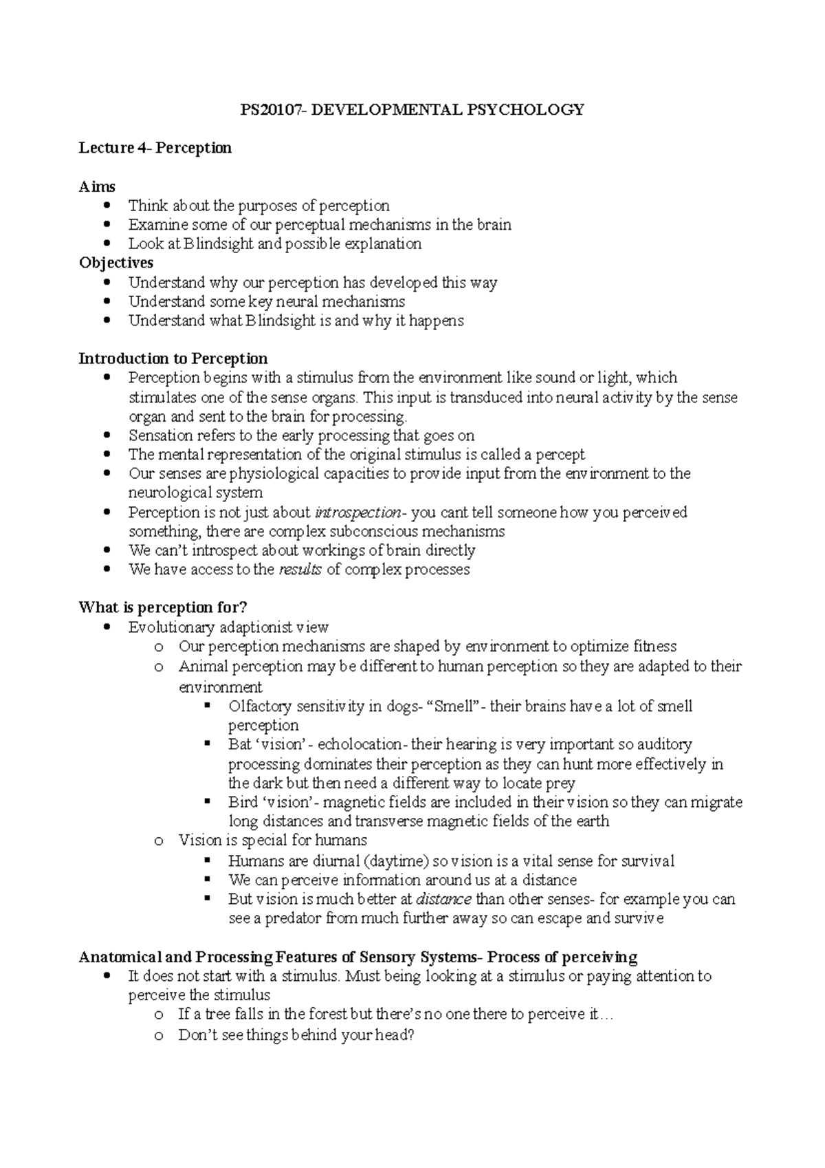 Lecture 4- Perception - PS20107- DEVELOPMENTAL PSYCHOLOGY Lecture 4 ...