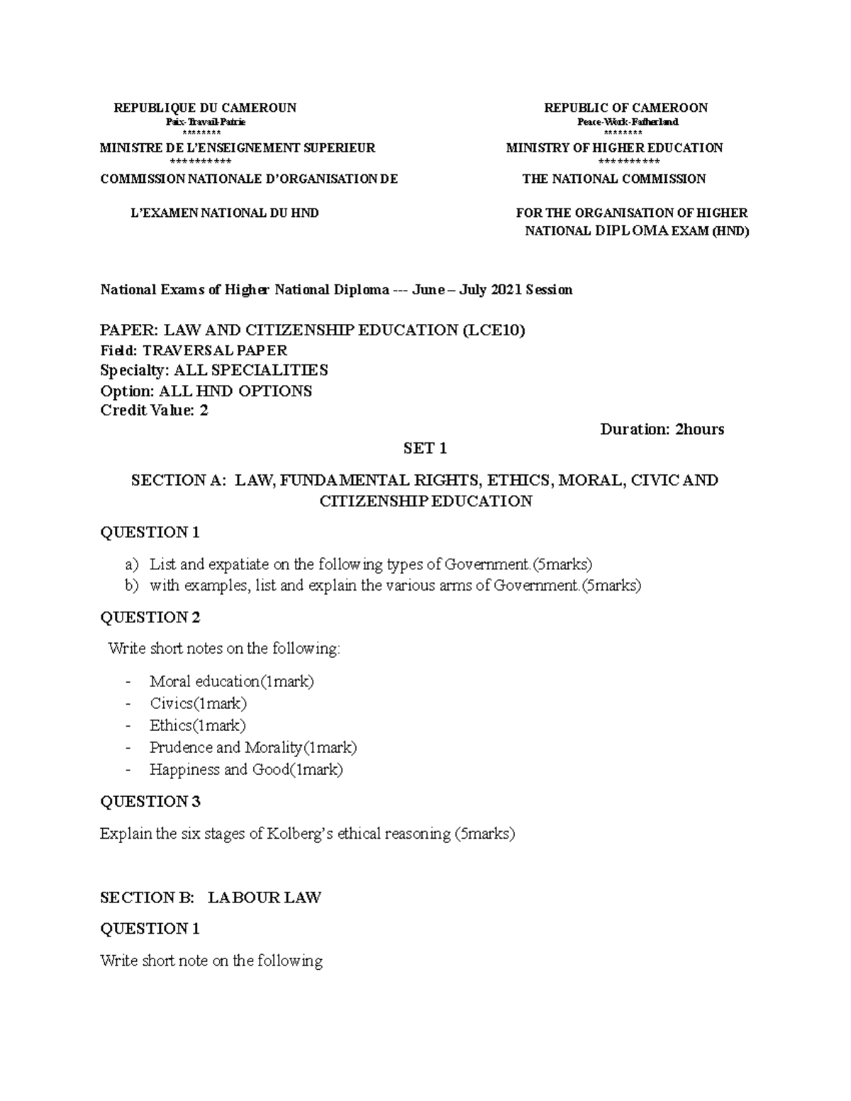 HND Law and citizenship education set 1 - Paix-Travail-PatrieREPUBLIQUE DU CAMEROUN REPUBLIC OF ...