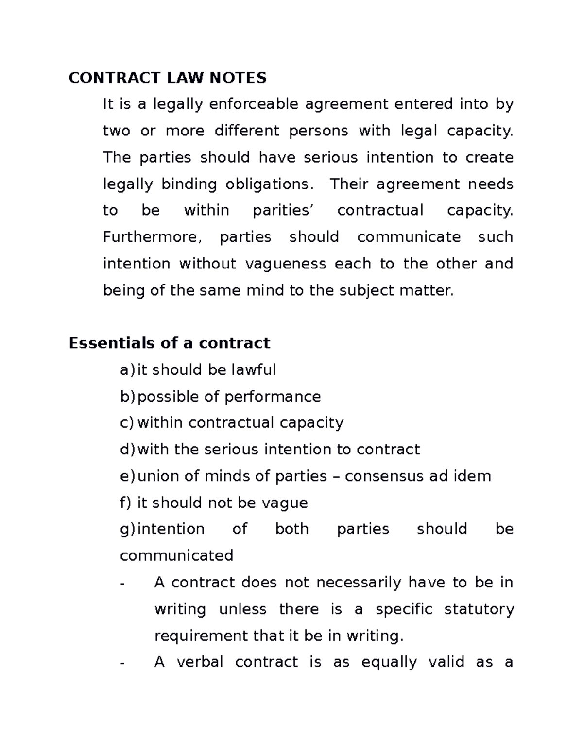 Contract LAW Notes 805 - CONTRACT LAW NOTES It is a legally enforceable ...