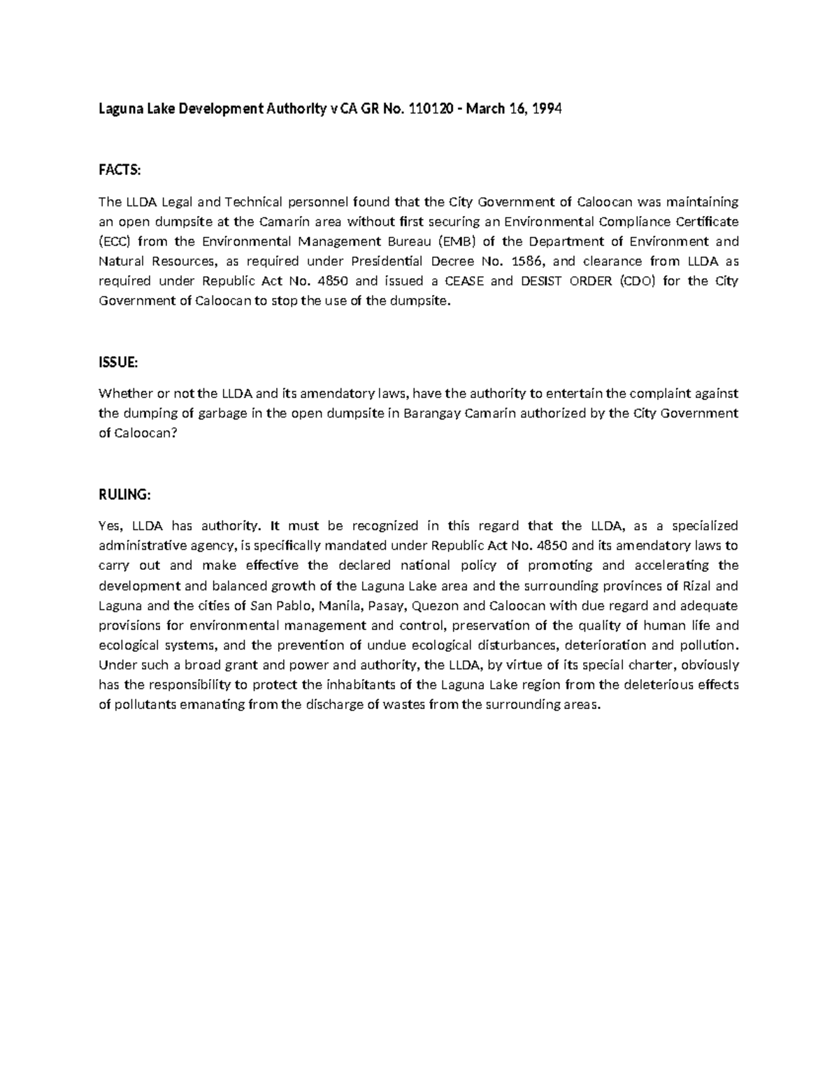 Admin Law Case Digest - Laguna Lake Development Authority v CA GR No ...