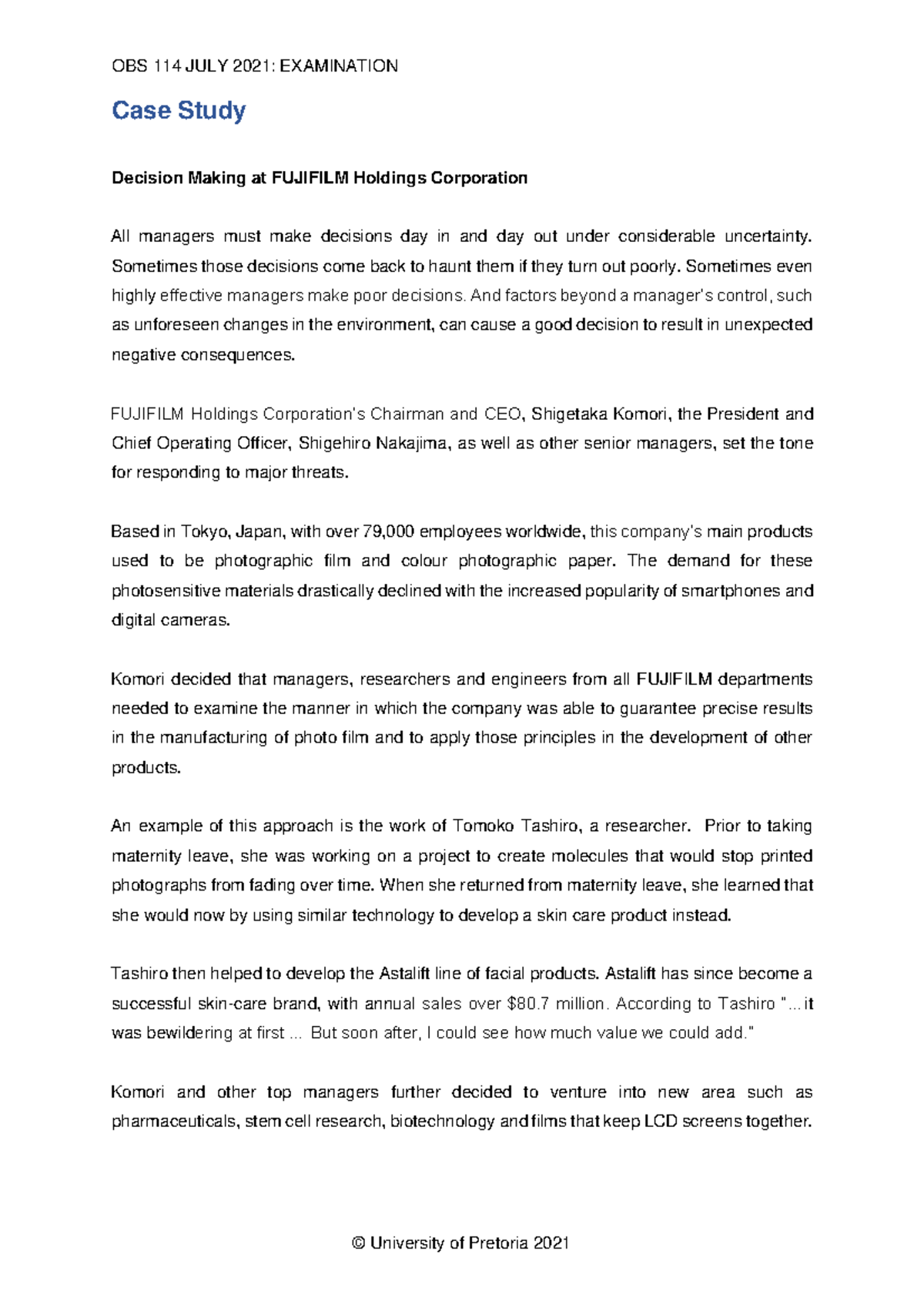 OBS 114 Exam Case Study 2021 - OBS 114 JULY 2021: EXAMINATION Case ...