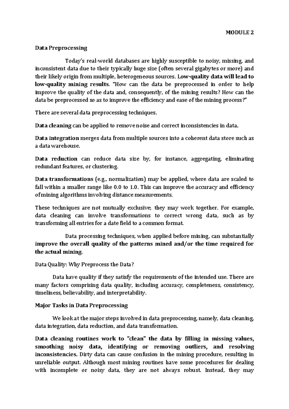 DMWH M2 - NOTES - MODULE 2 Data Preprocessing ëÜÉõÔï îáÉé-world ...
