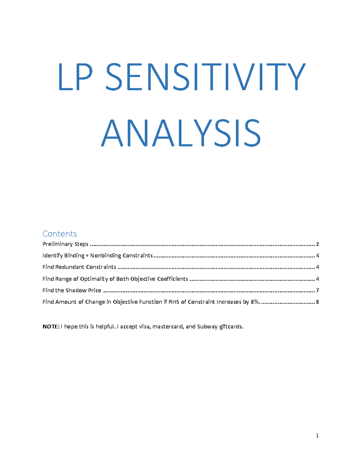 Soution Sensitivity - LP SENSITIVITY ANALYSIS Contents Preliminary Steps - Studocu