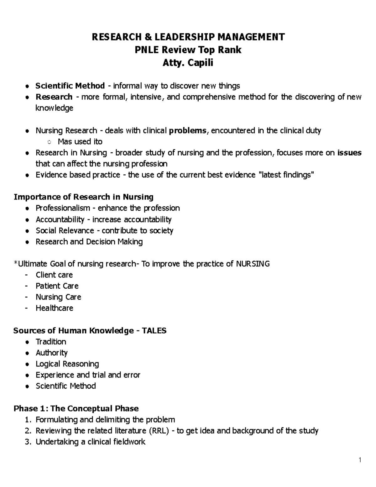 NURSING LEADERSHIP AND RESEARCH LECTURE NOTES - RESEARCH & LEADERSHIP ...