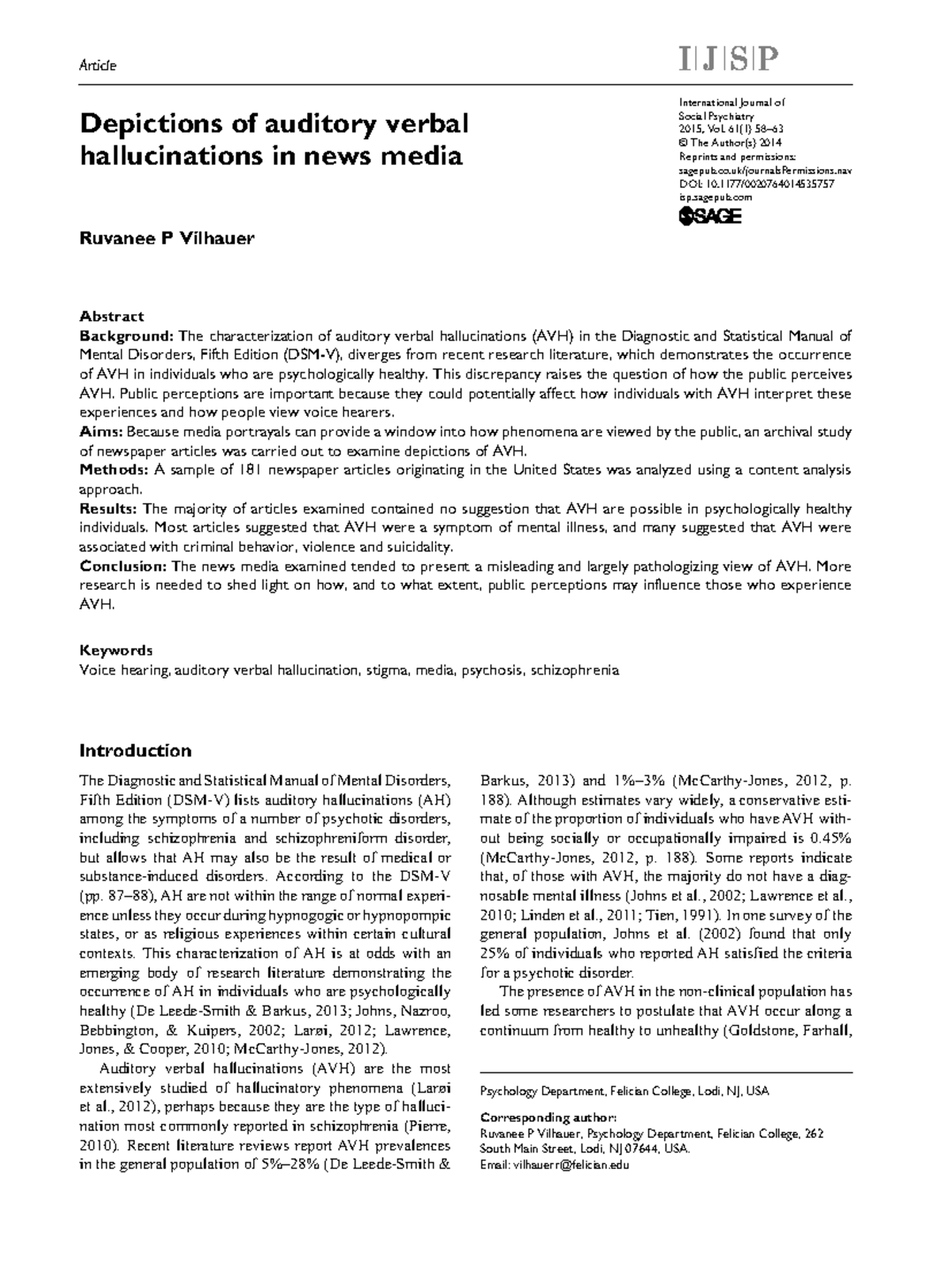 Depictions of auditory verbal hallucinations in news media ...