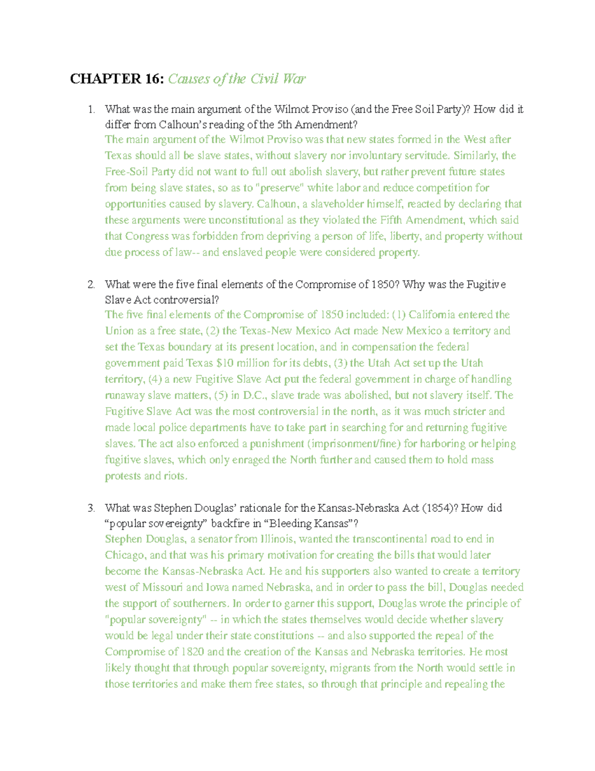 Chapter 16 HW Questions - CHAPTER 16: Causes of the Civil War What was ...