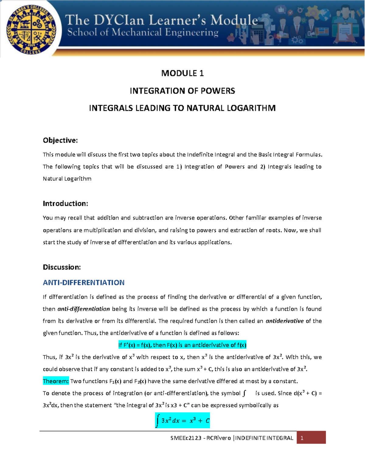 Calculus 2 Module 1 - MODULE 1 INTEGRATION OF POWERS INTEGRALS LEADING ...