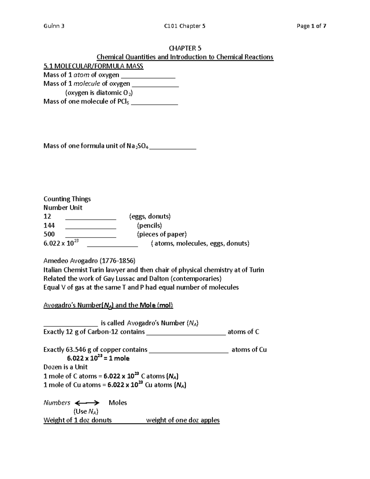 Chapter 5 Notes F22 - prof anita gnezda - CHAPTER 5 Chemical Quantities ...