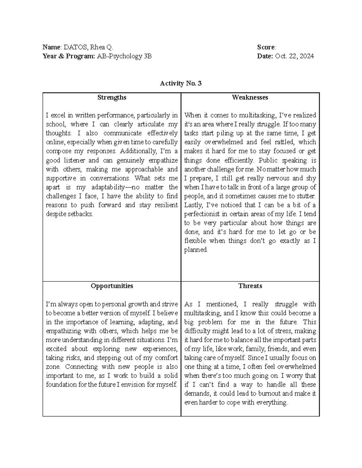 ACT 3 AND 4 - answer sheet - Name: DATOS, Rhea Q. Score: Year & Program ...