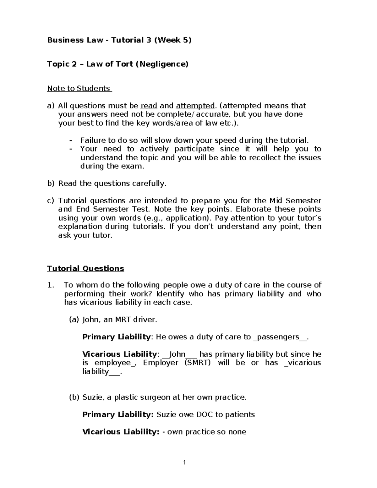 [Tutorial] 2.1 & 2.2 Law of Tort (Negligence) - Business Law - Tutorial 3 (Week 5) Topic 2 – Law ...
