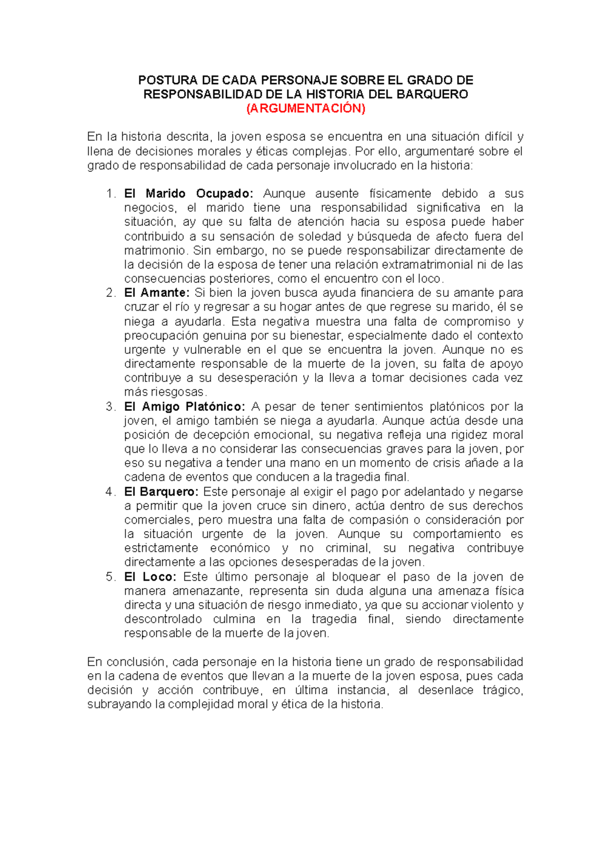 Postura DE CADA Personaje Sobre EL Grado DE Responsabilidad DE LA ...