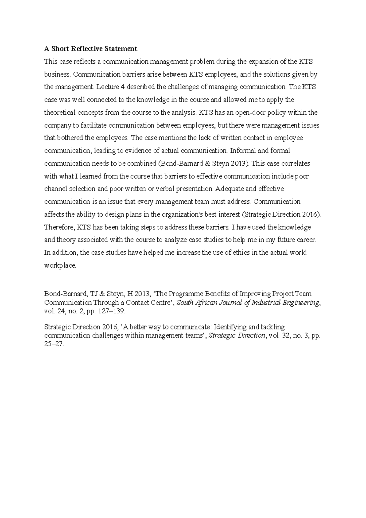 A Short Reflective Statement case study - A Short Reflective Statement ...