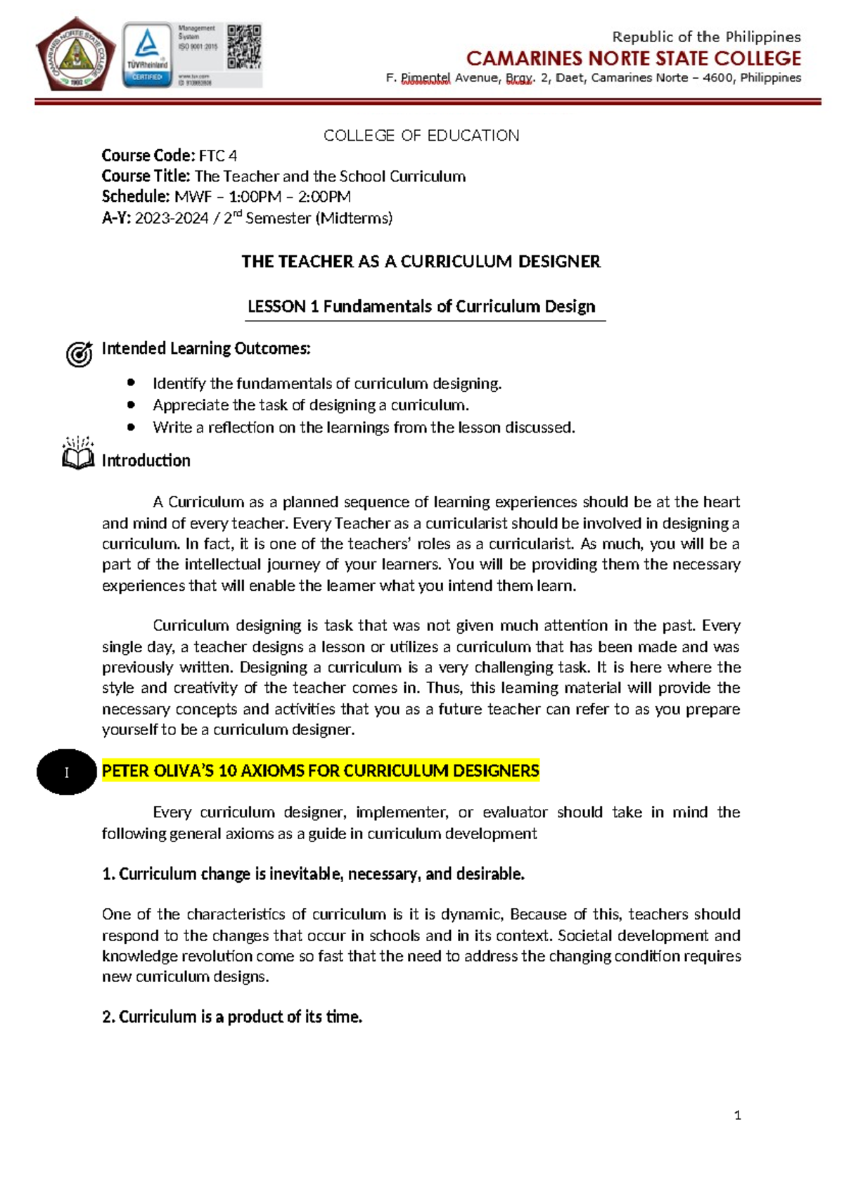 FTC 4 LM Fundamentals OF Curriculum Design Copy - I Course Code: FTC 4 ...