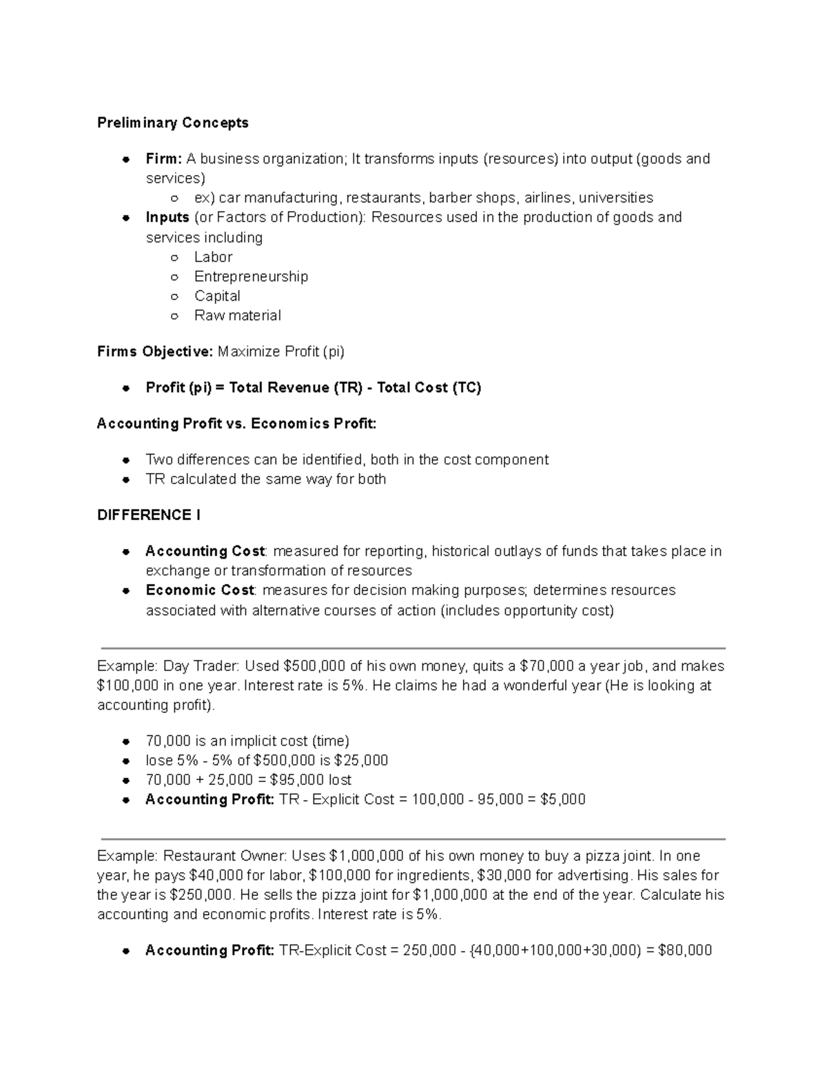 Preliminary Concepts and Long/Short Run - Preliminary Concepts Firm: A ...