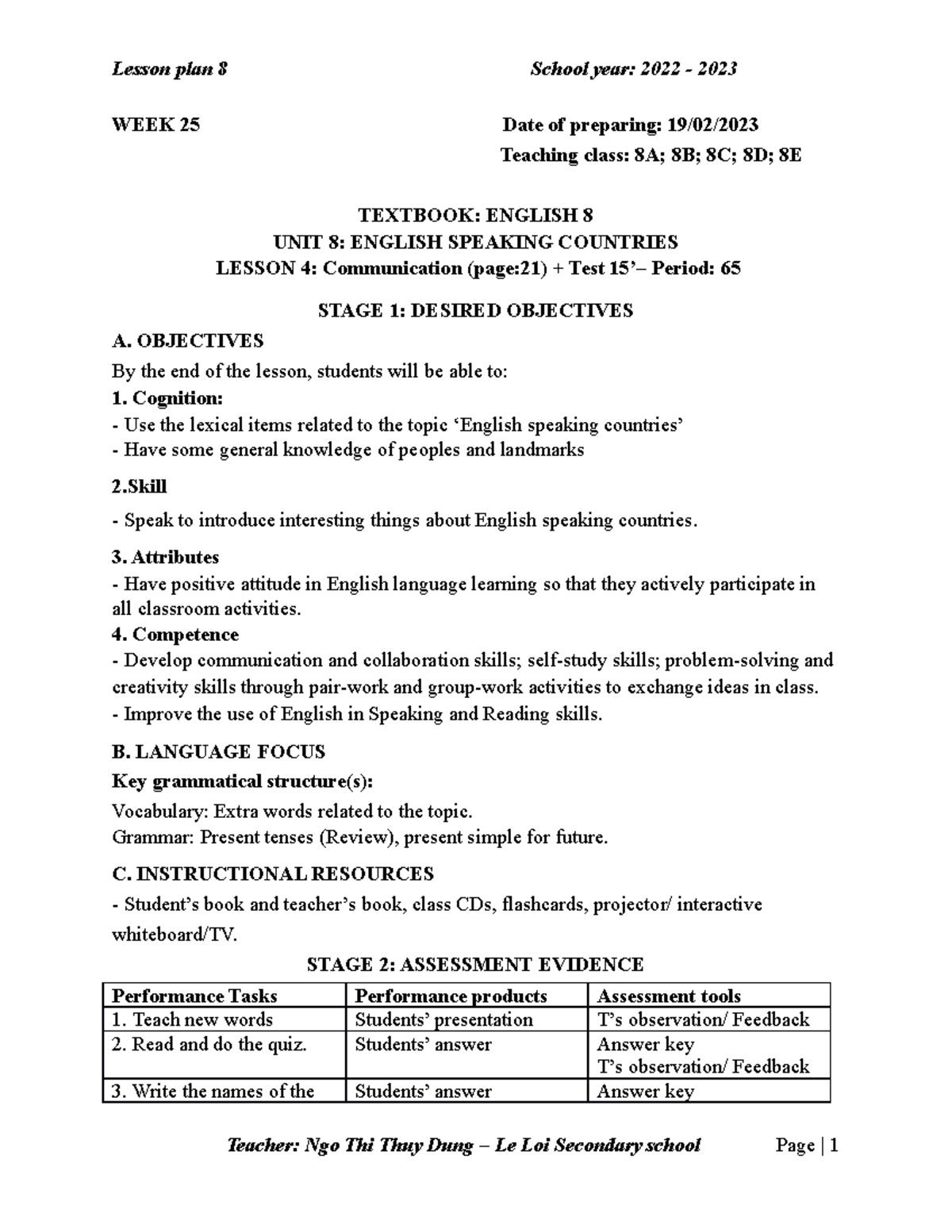 Lesson PLAN - ưhjgfeyrv - WEEK 25 Date of preparing: 19/02/ Teaching ...