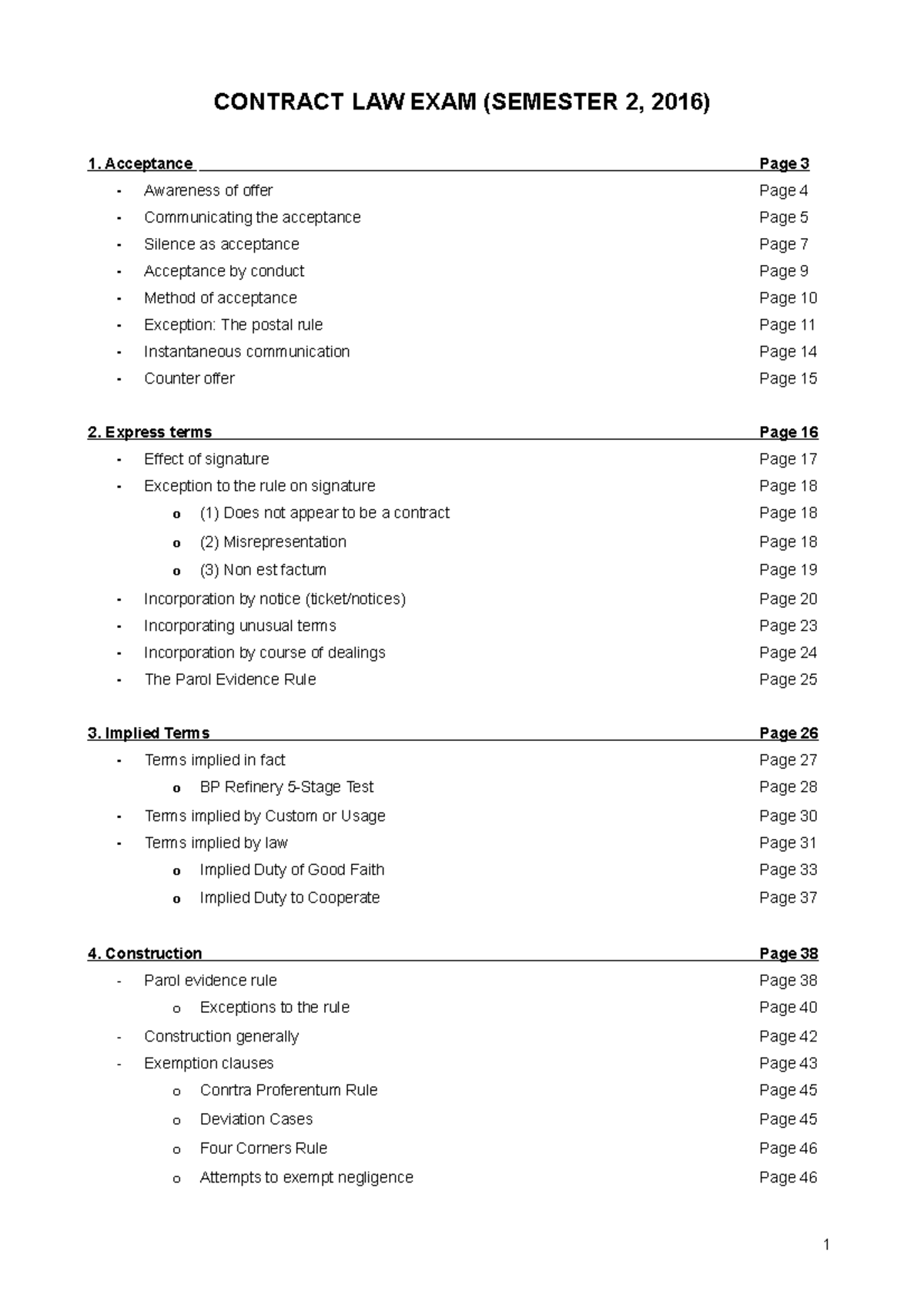 Contract Law - Exam Notes (Final) - CONTRACT LAW EXAM (SEMESTER 2, 2016 ...