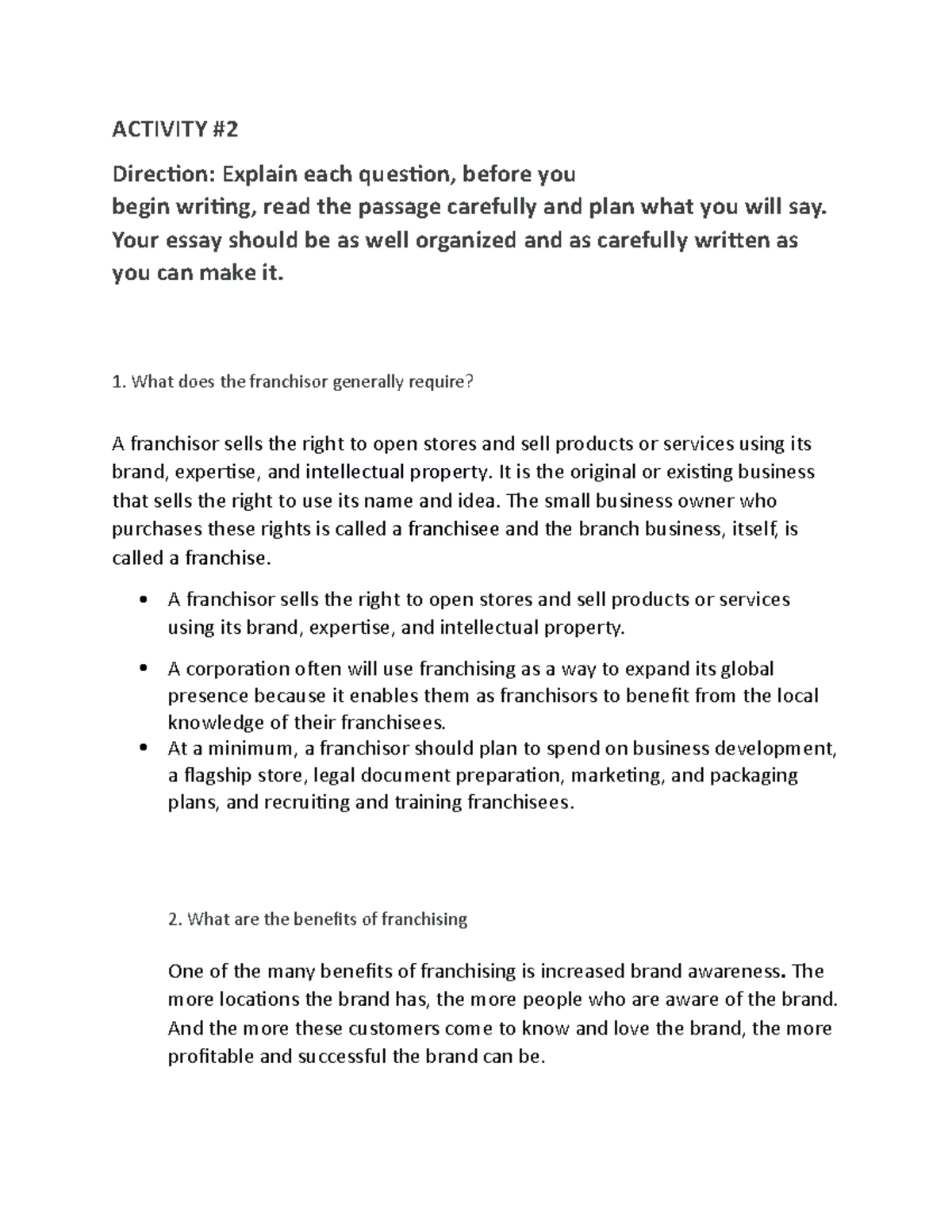 SUVA Franchising Activity 2 - ACTIVITY Direction: Explain each question ...