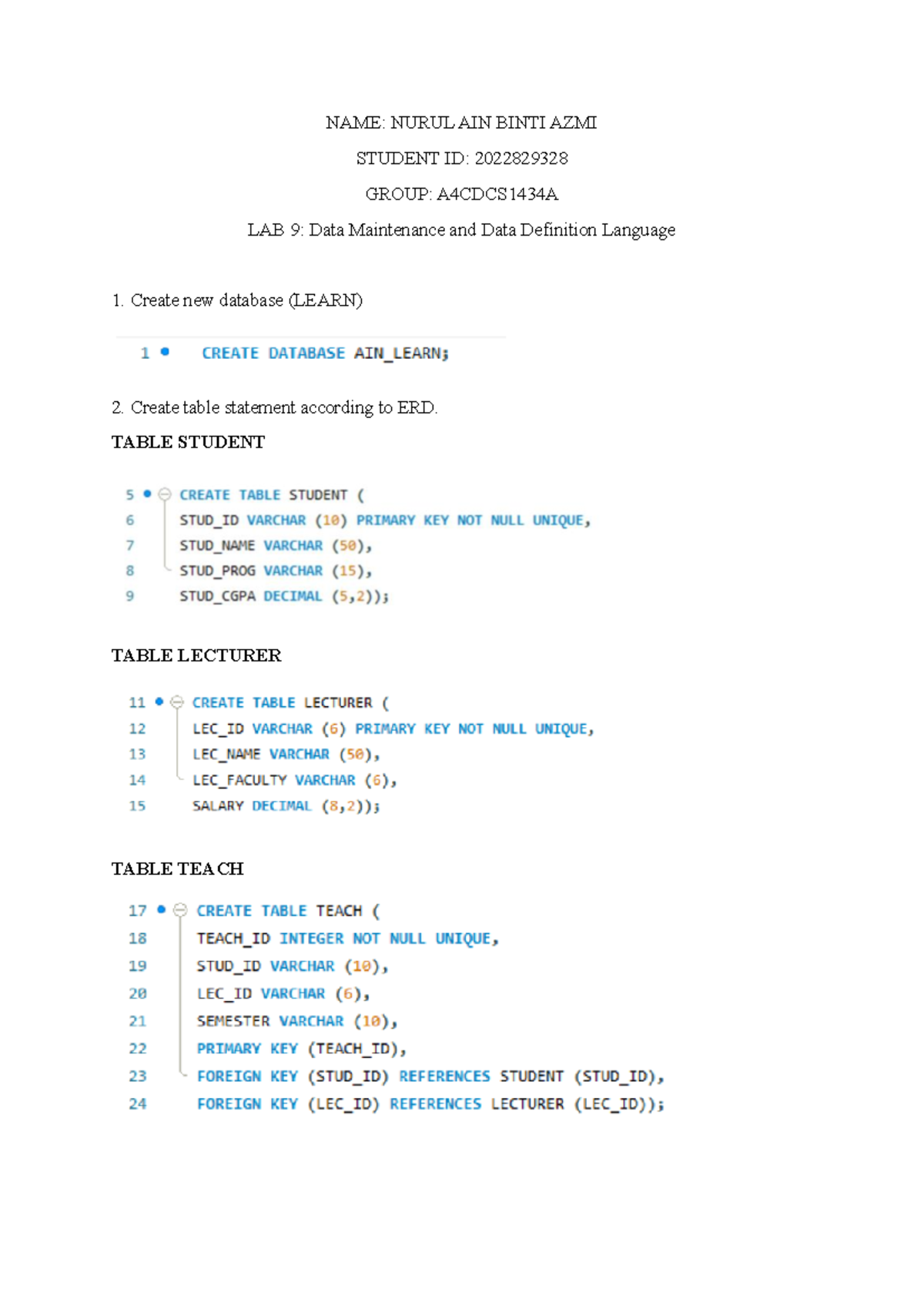 LAB Exercise DDL & Data Maintenance - NAME: NURUL AIN BINTI AZMI ...