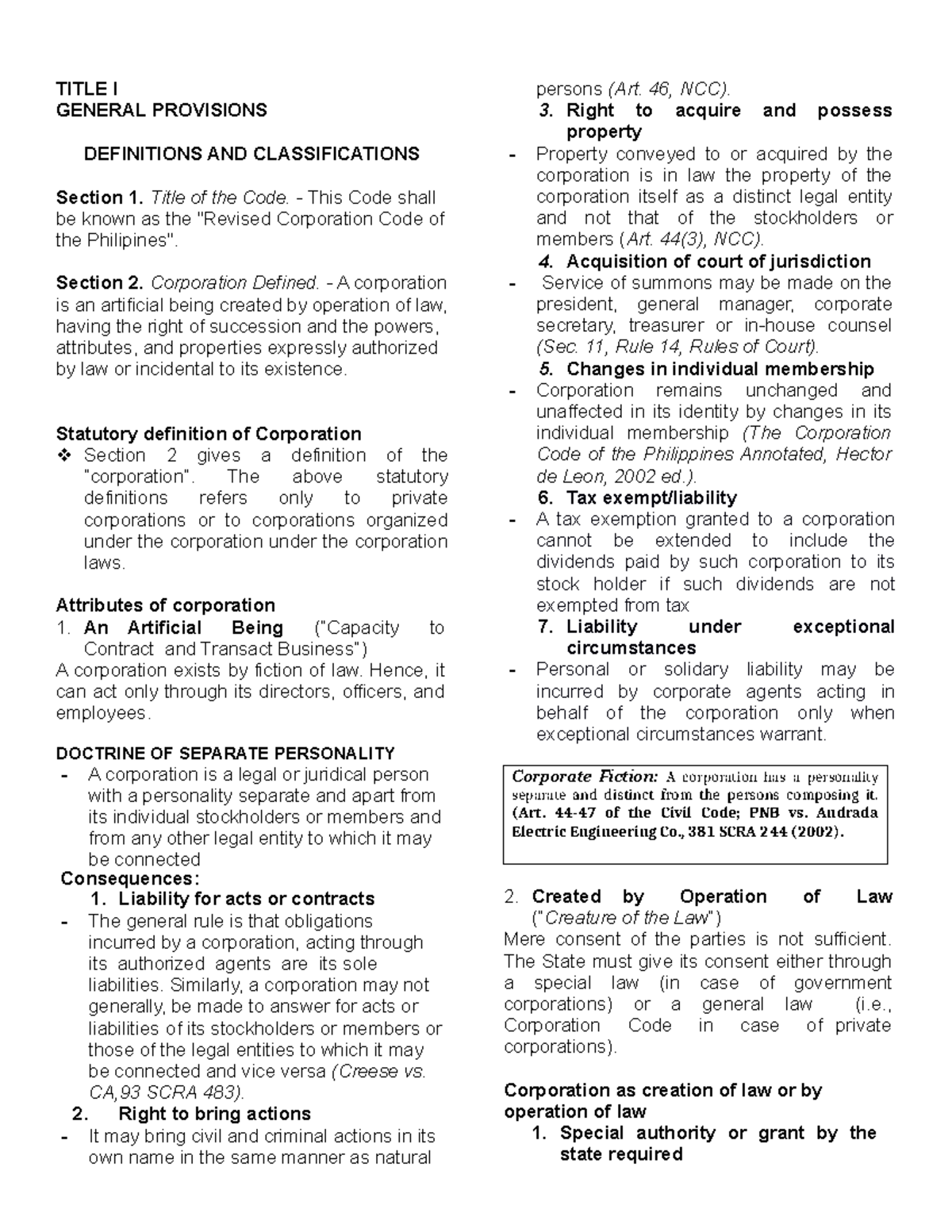 THE Corporation CODE - Lecture notes 1 - TITLE I GENERAL PROVISIONS ...