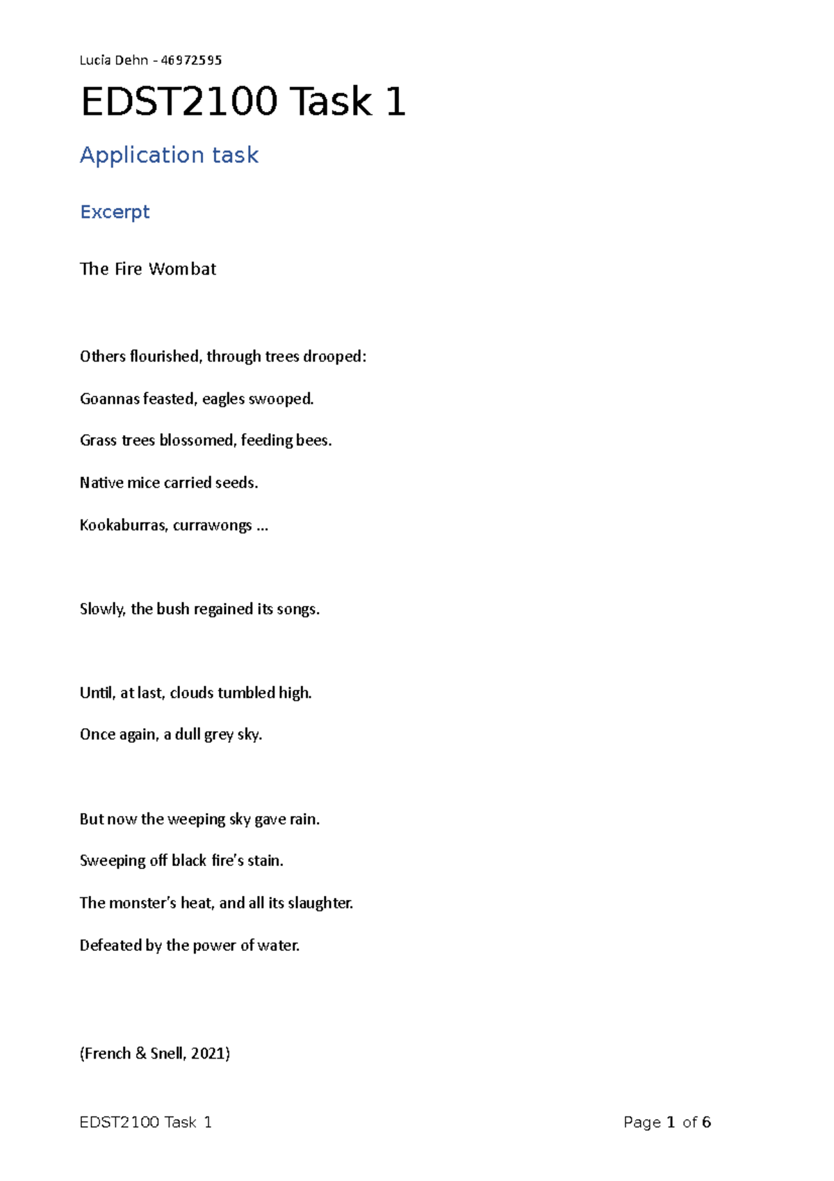EDST2100 Template for Task 1 2023 - EDST2100 Task 1 Application task Excerpt The Fire Wombat ...