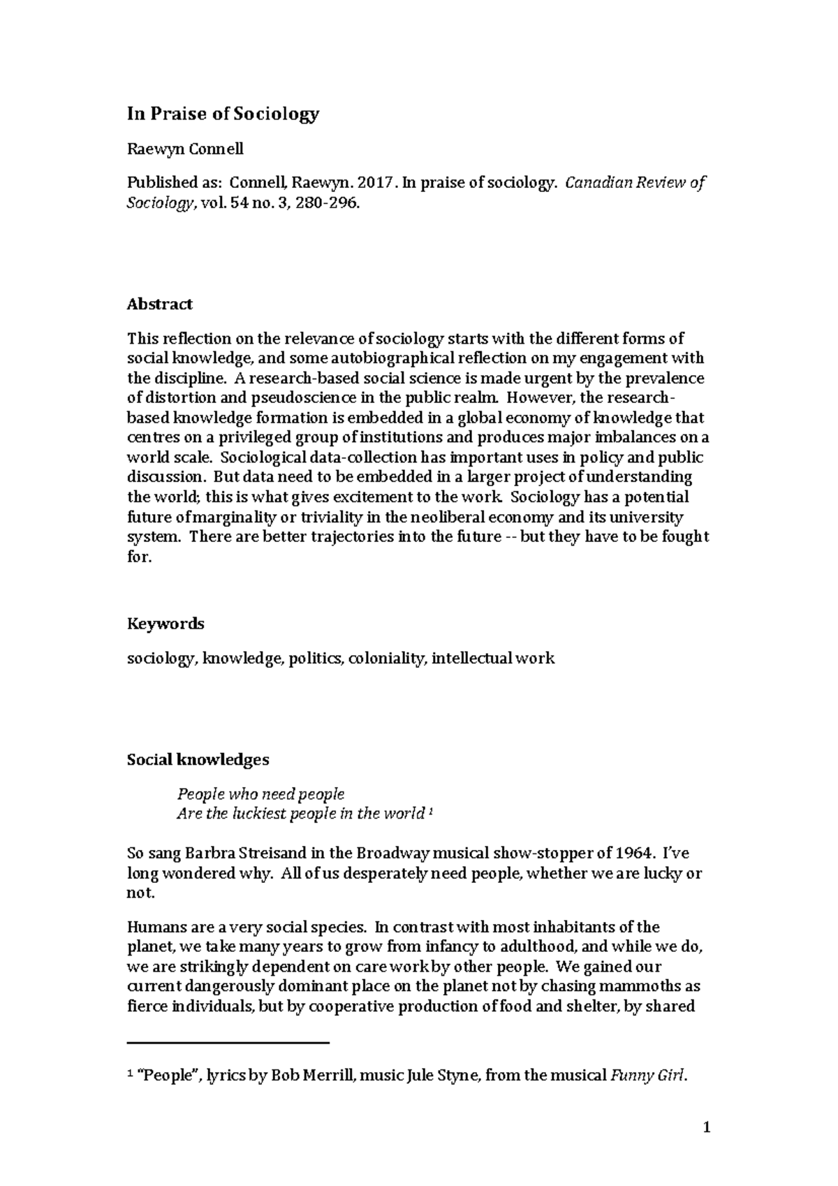 1. Raewyn Connell. Praise of Sociology - In Praise of Sociology Raewyn ...