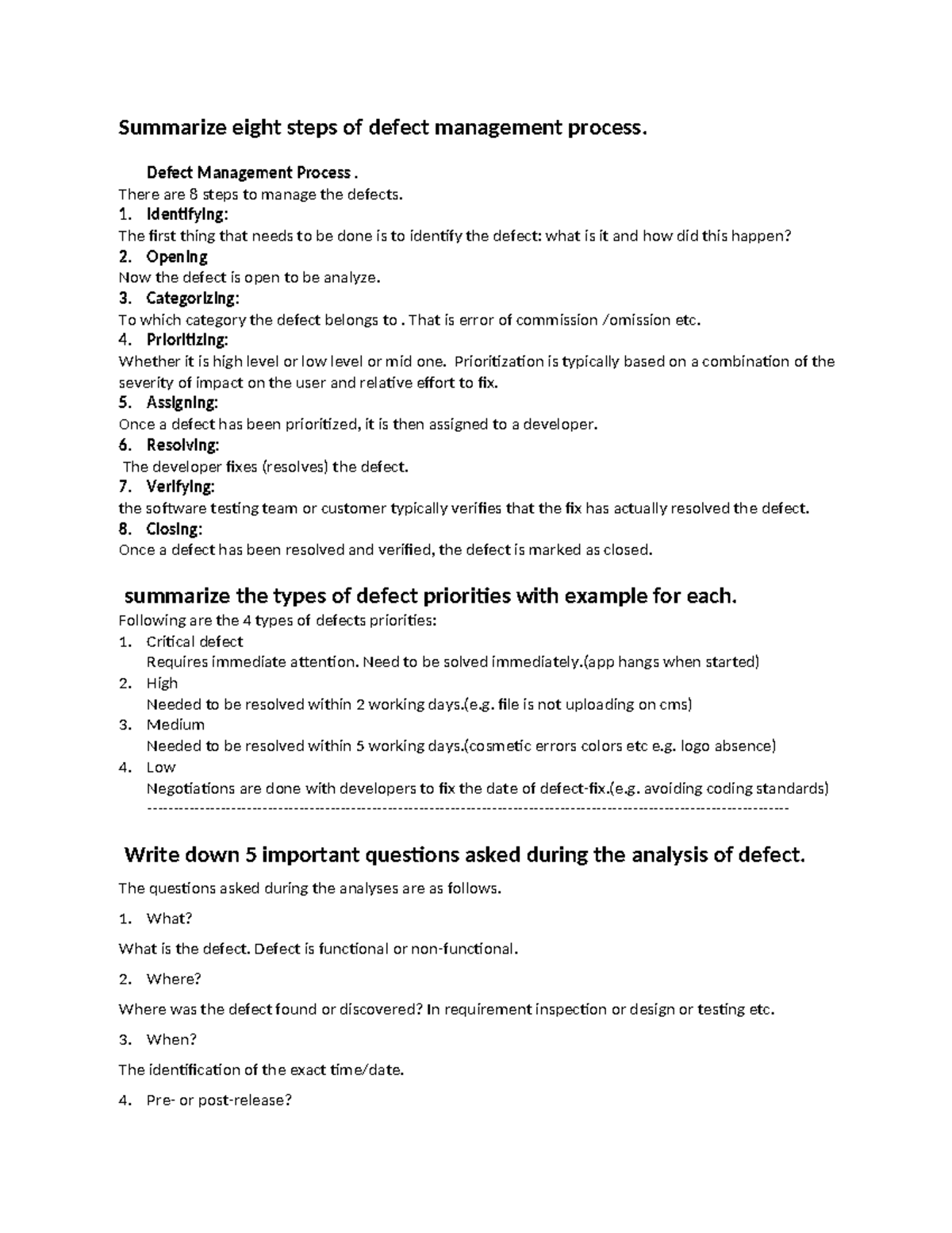 Summary of lectures after mid - Summarize eight steps of defect ...