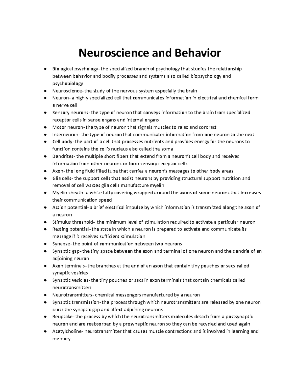 Neuroscience and Behavior - Studocu