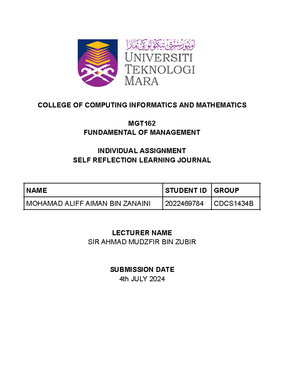MGT162 Individual Assignment - COLLEGE OF COMPUTING INFORMATICS AND MATHEMATICS MGT FUNDAMENTAL ...