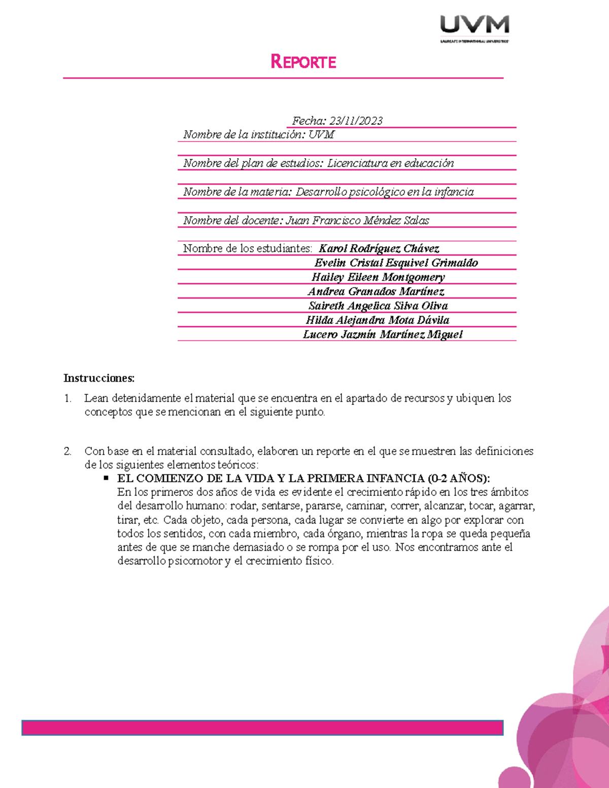 Reporte 2 de desarrollo - Fecha: 23/11/ Nombre de la institución: UVM Nombre del plan de ...