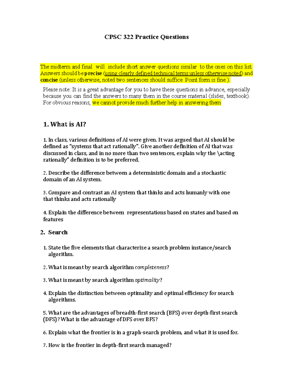 CPSC 322 Practice Questions W2 2020 - CPSC 322 Practice Questions The midterm and final will ...