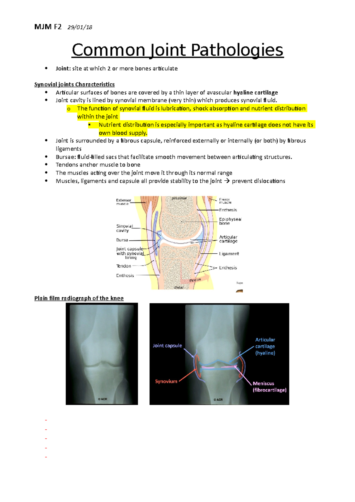 L05 Common Joint Pathologies - Common Joint Pathologies Joint: site at ...