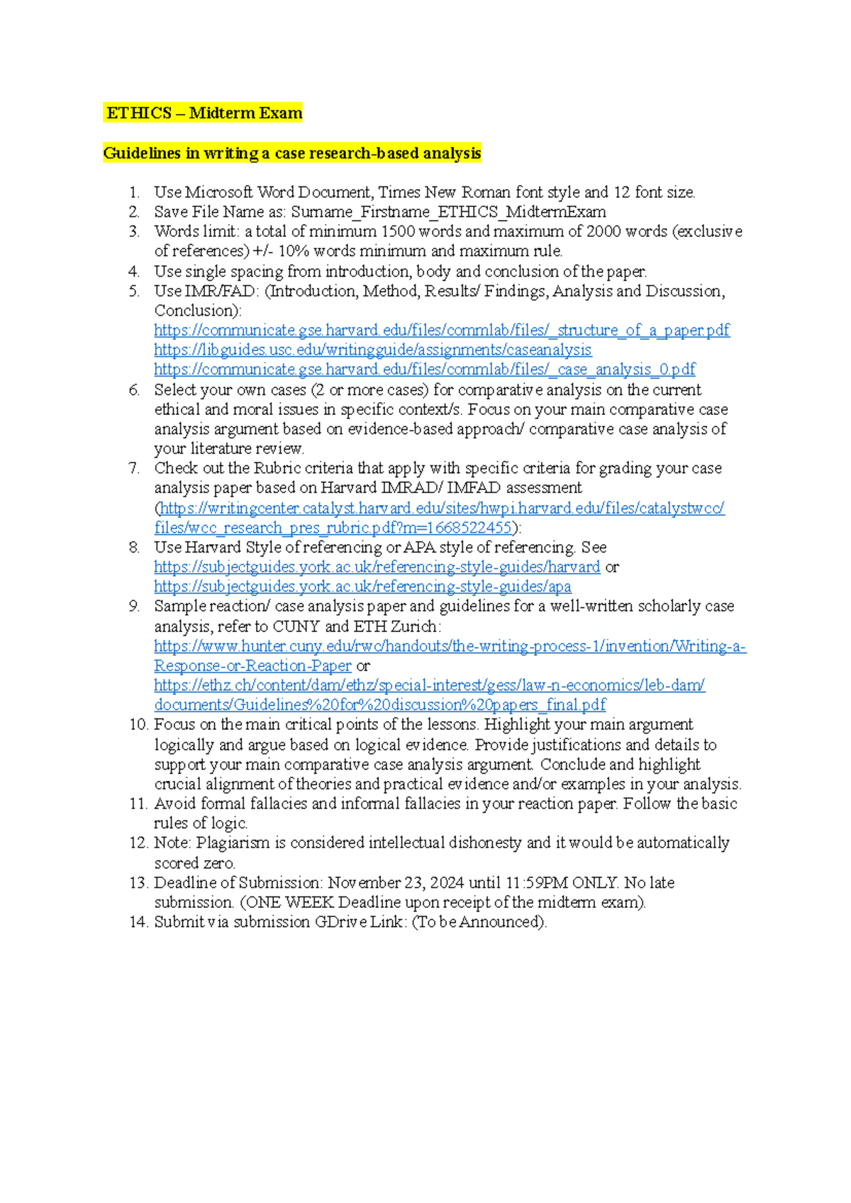 Ethics Midterm Exam Guidelines - ETHICS – Midterm Exam Guidelines in ...