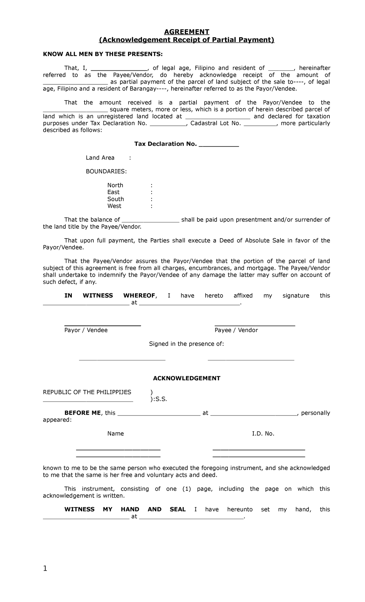 Agreement-1 - AGREEMENT (Acknowledgement Receipt of Partial Payment ...