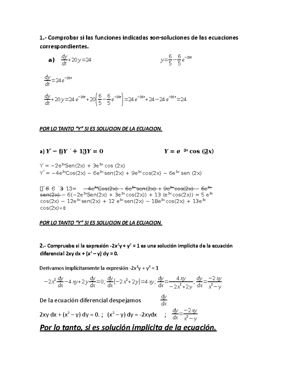 Soluciones implicitas de ecuaciones diferenciales - 1.- Comprobar si ...