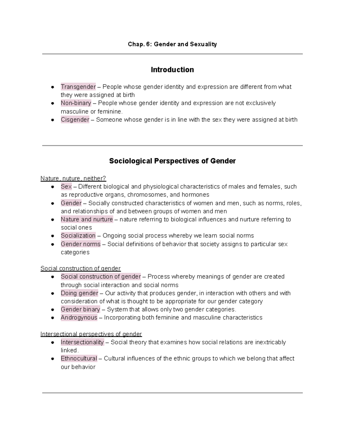 Chapter 6 Notes - Gender and Sexuality - Chap. 6: Gender and Sexuality ...
