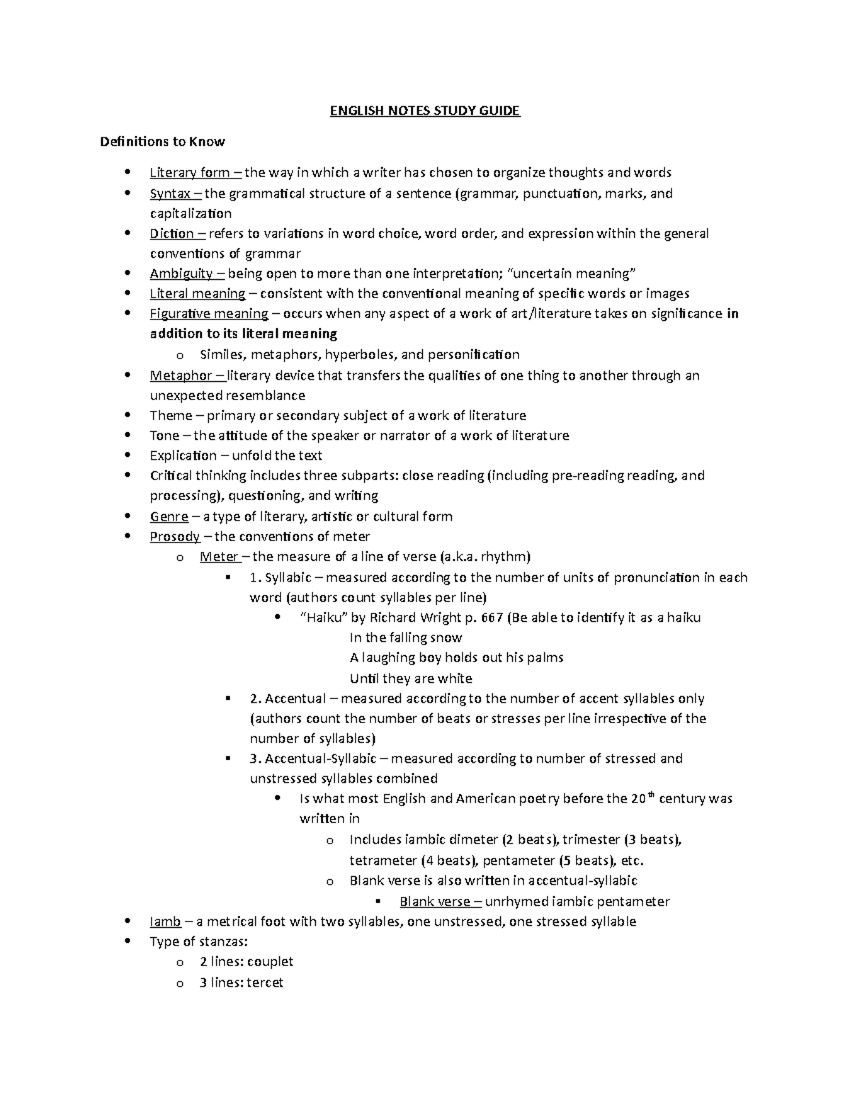 English Notes Study Guide - ENGLISH NOTES STUDY GUIDE Definitions to ...