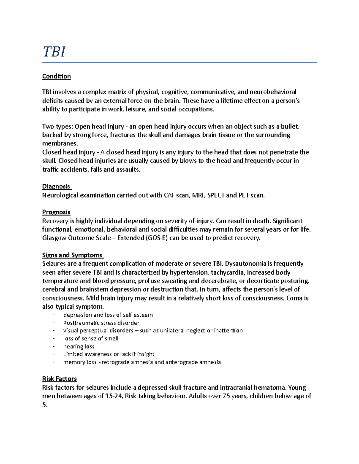 Traumatic Brain Injury Clinical Condition Pro-forma - TBI Condition TBI ...