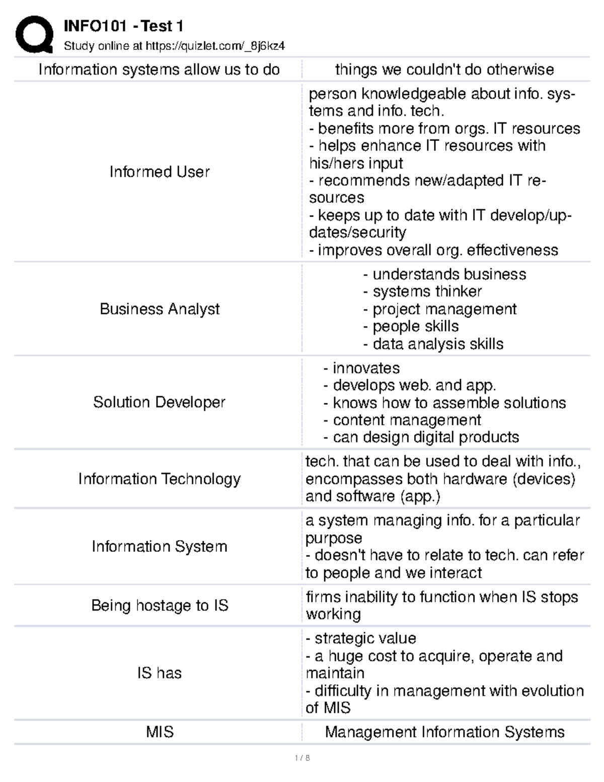 INFO101 Flashcards - Study online at quizlet/_8j6kz Information systems ...