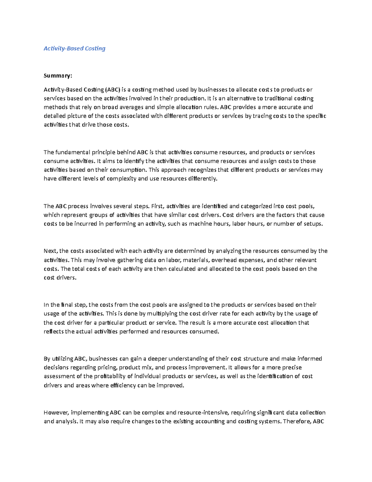 A4 Activity Based Costing Summary Activity Based Costing Summary Activity Based Costing