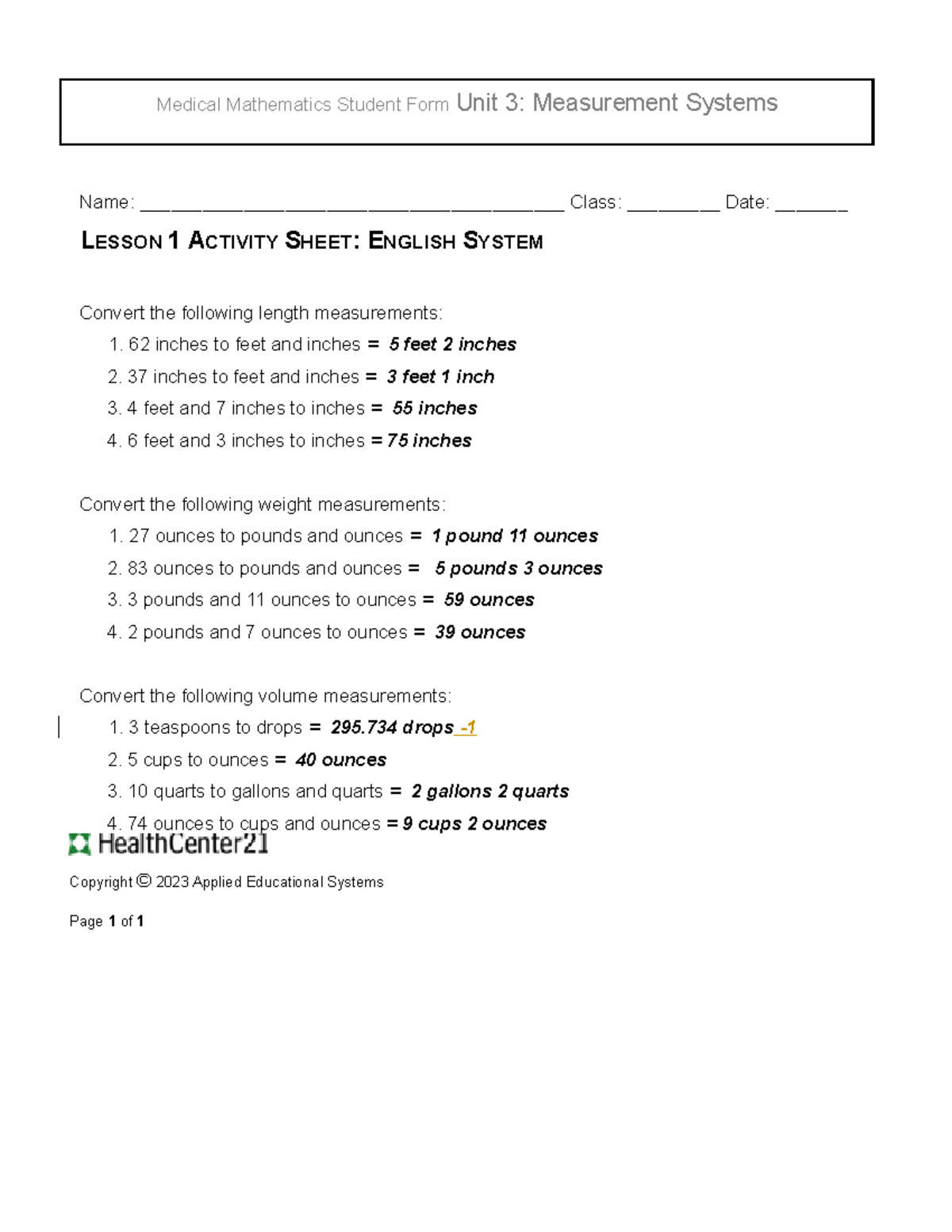English System Activity Sheet - Medical Mathematics Student Form Unit 3 ...